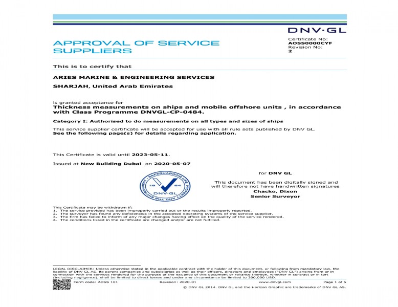 Marine Certificates | ISO | DNV | Approvals – Qatar | ARIES