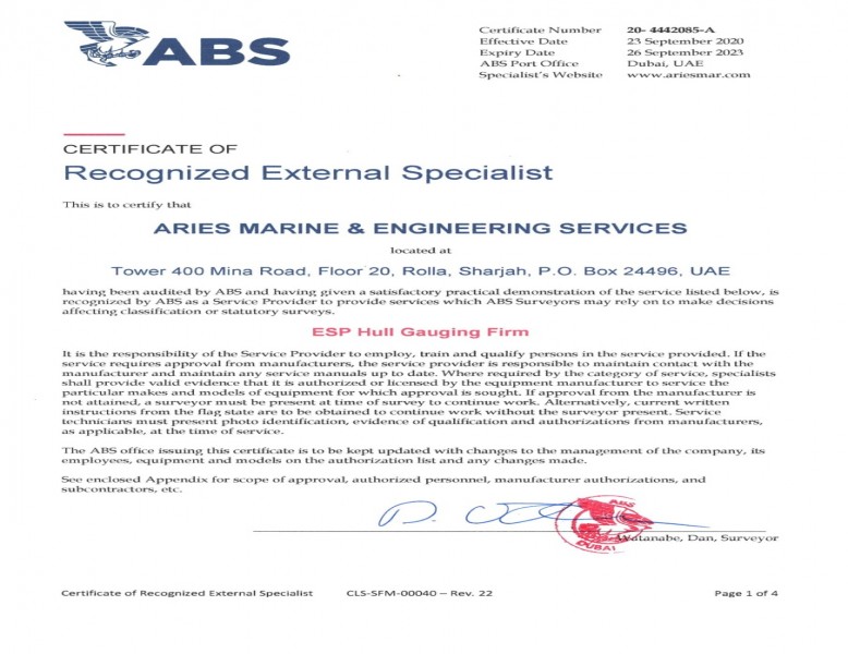 Marine Certificates | ISO | DNV | Approvals – Qatar | ARIES