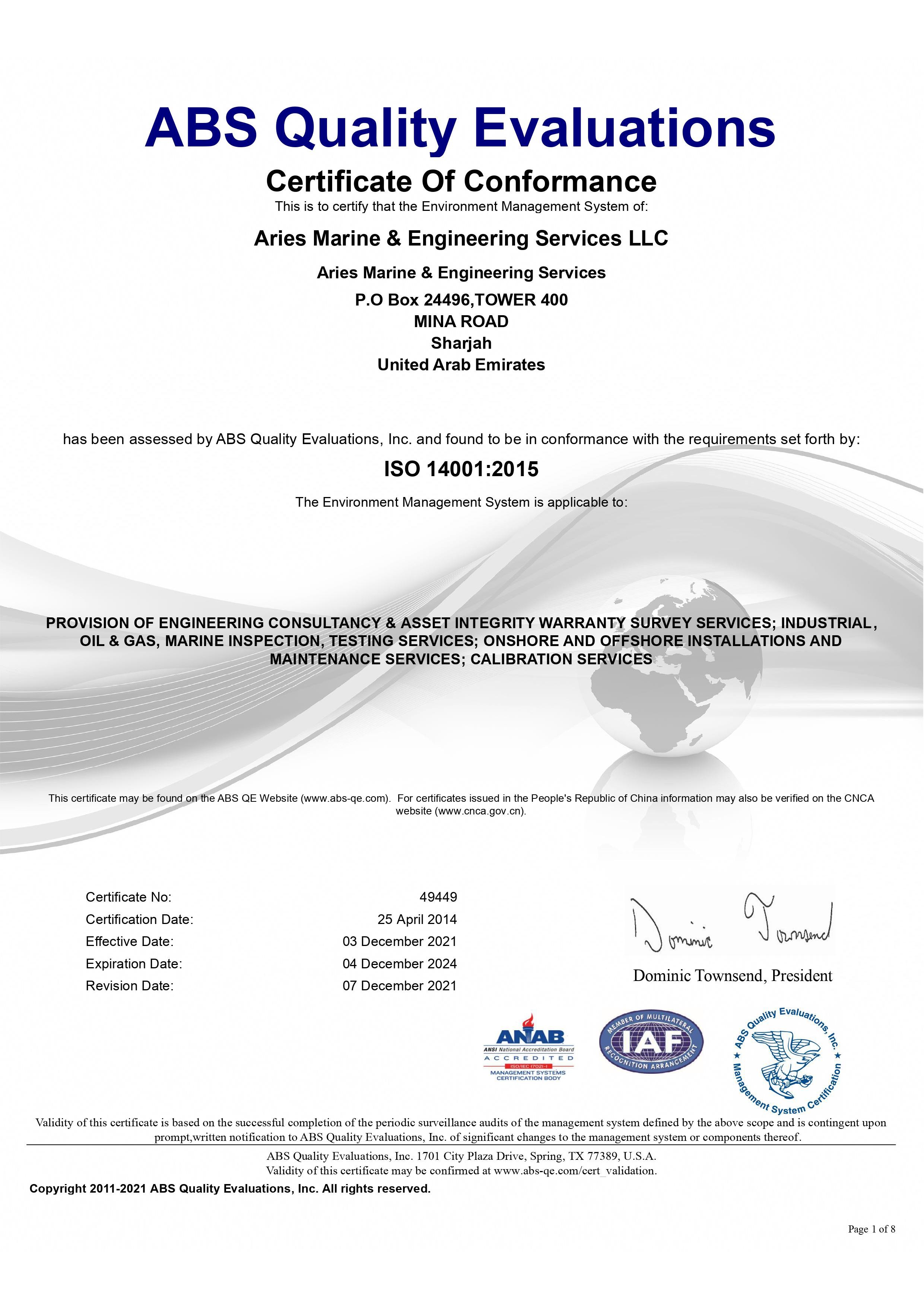 Marine Certificates | ISO | DNV | Approvals - UAE | ARIES