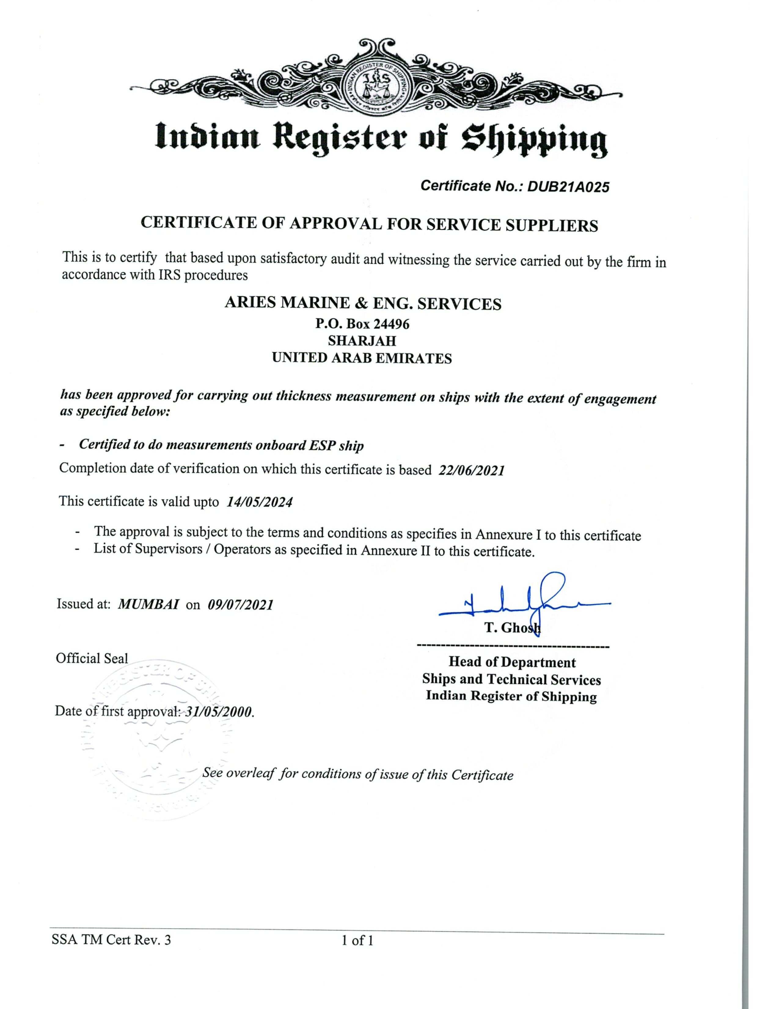 Marine Certificates | ISO | DNV | Approvals - UAE | ARIES