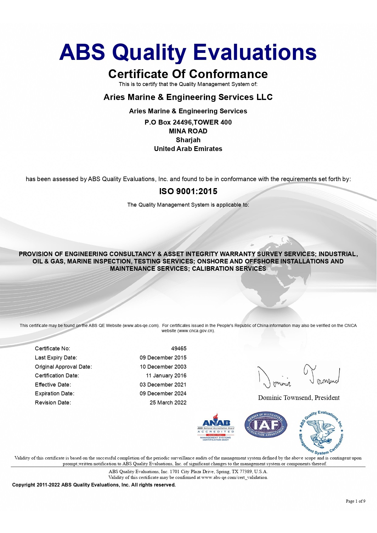 Marine Certificates | ISO | DNV | Approvals – Qatar | ARIES
