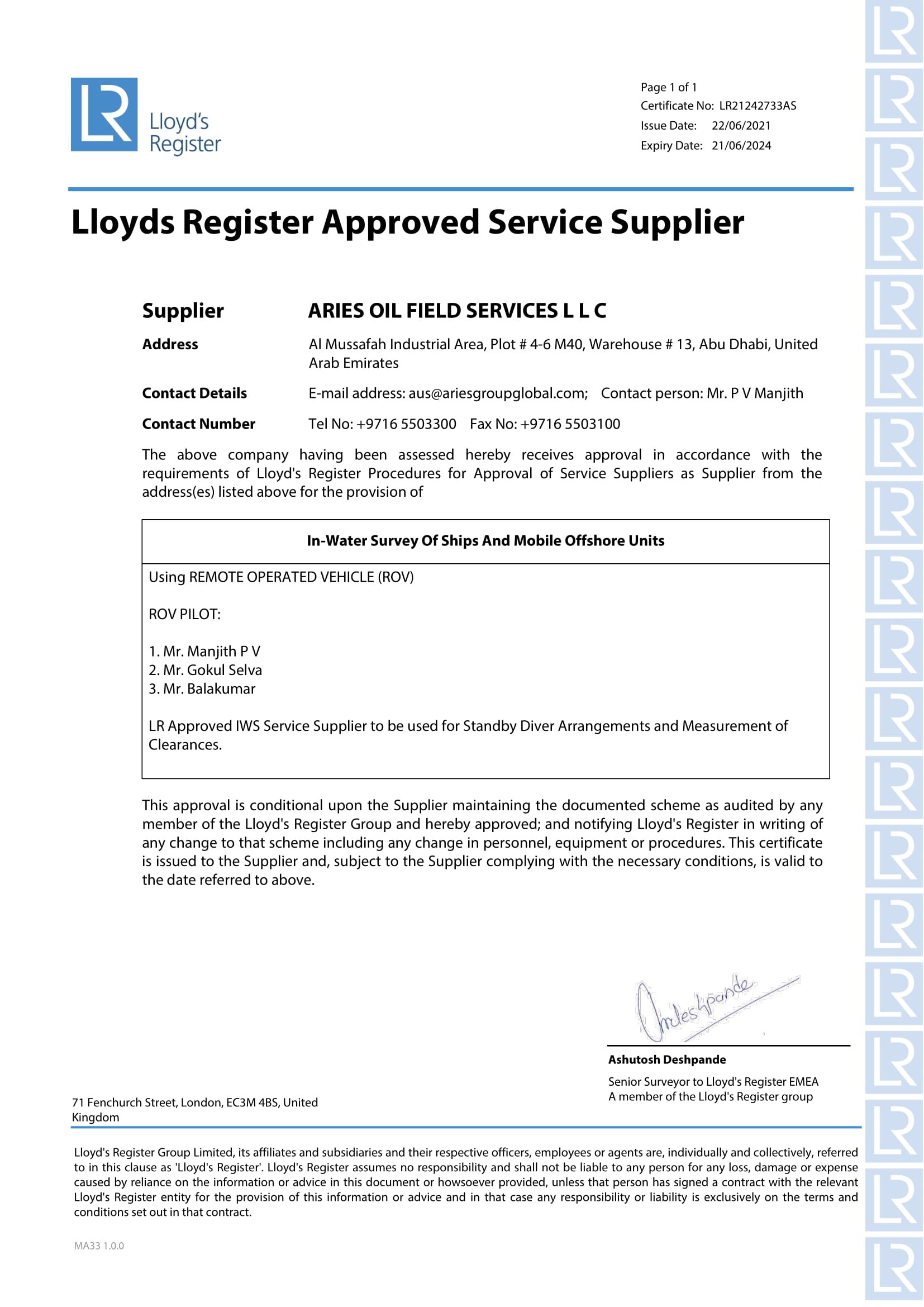 Marine Certificates | ISO | DNV | Approvals - UAE | ARIES