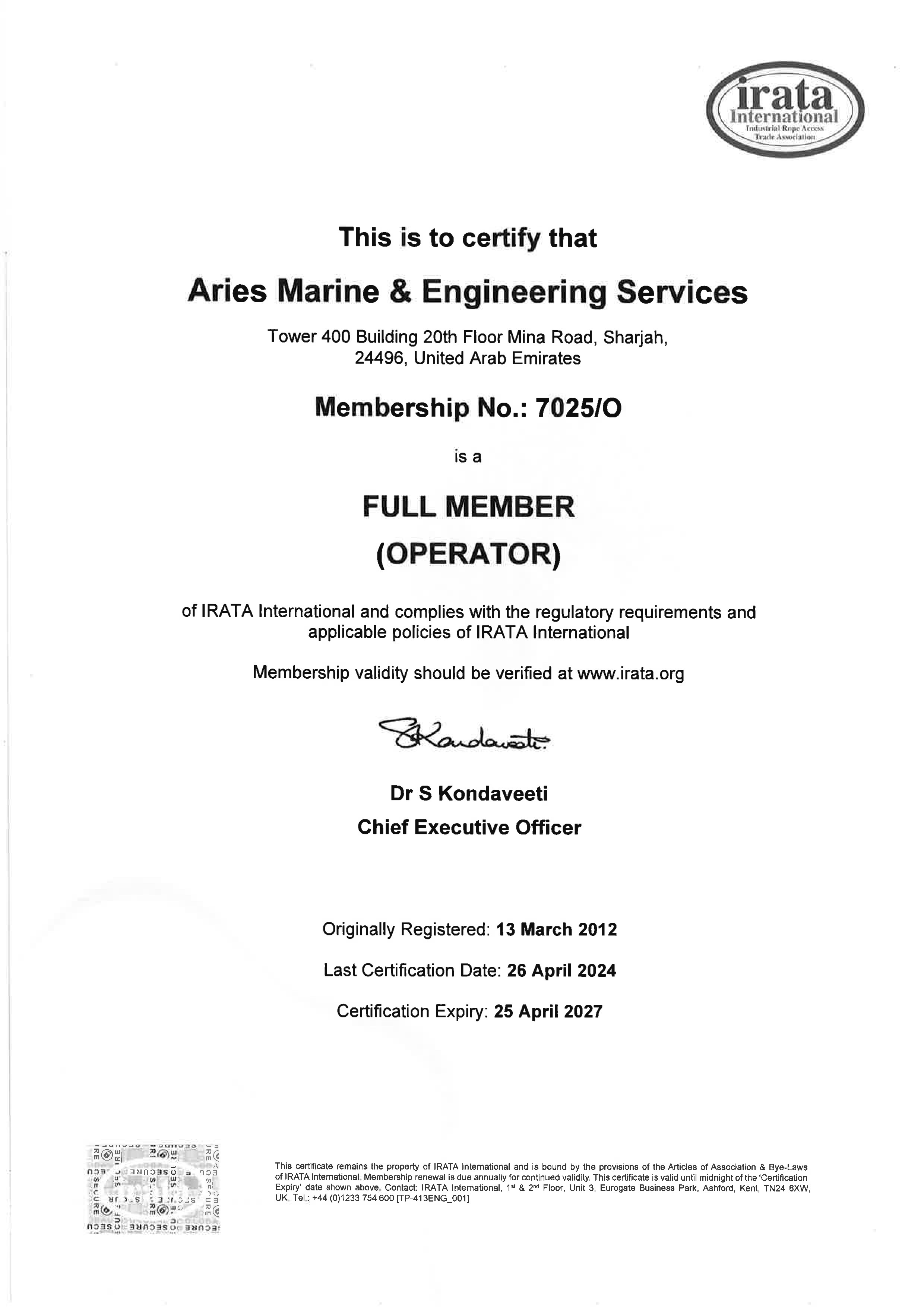 Marine Certificates | ISO | DNV | Approvals – Qatar | ARIES