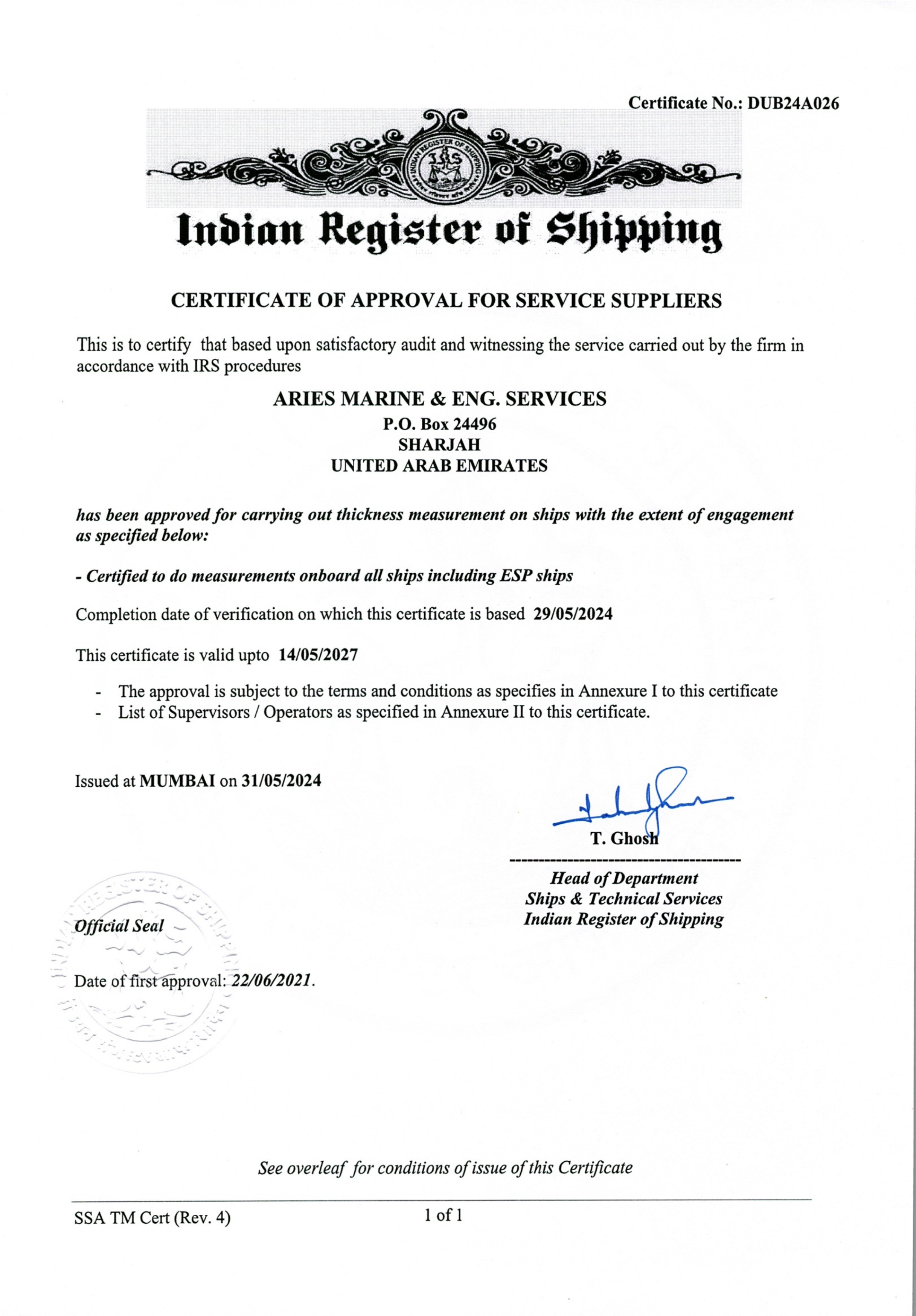 Marine Certificates | ISO | DNV | Approvals – Qatar | ARIES