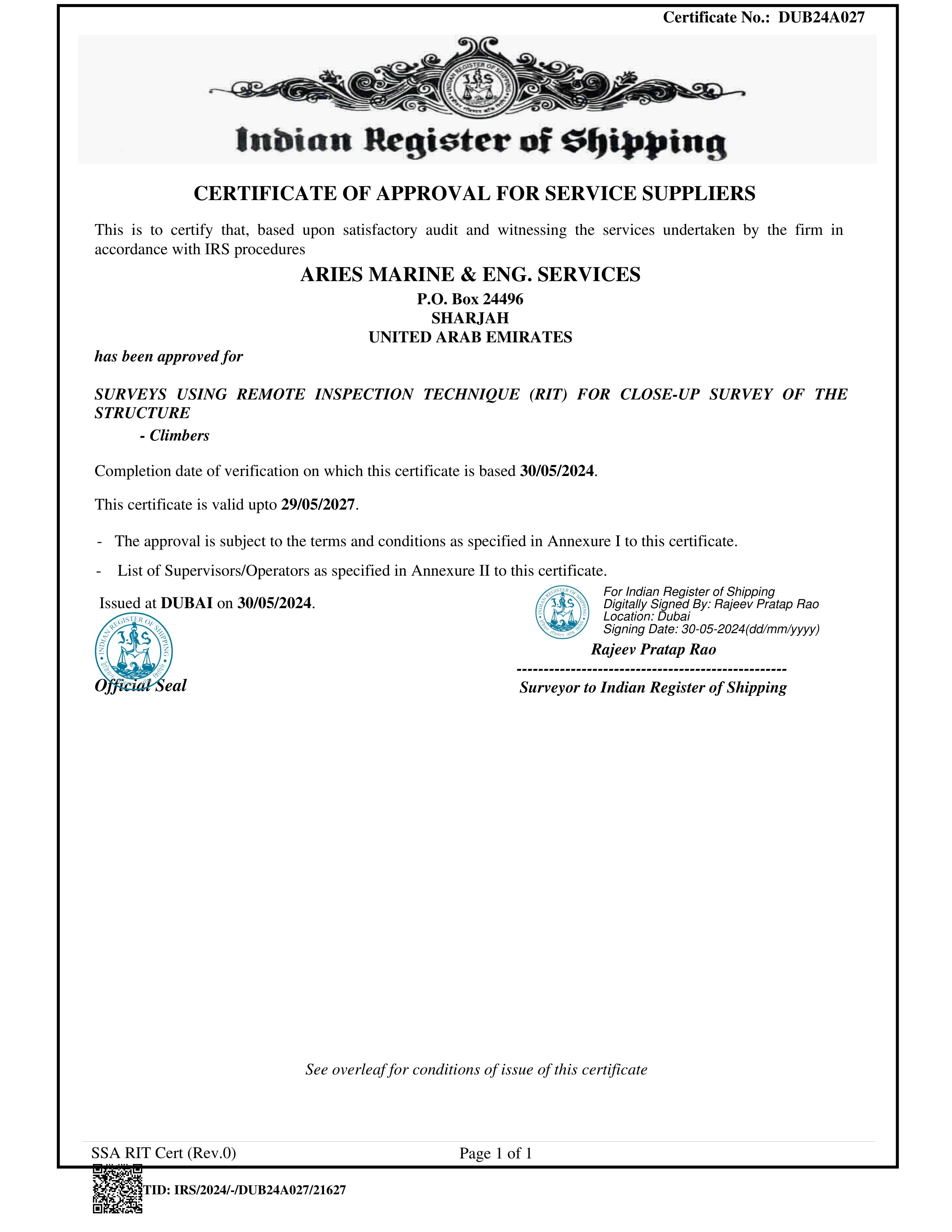 Marine Certificates | ISO | DNV | Approvals – Qatar | ARIES