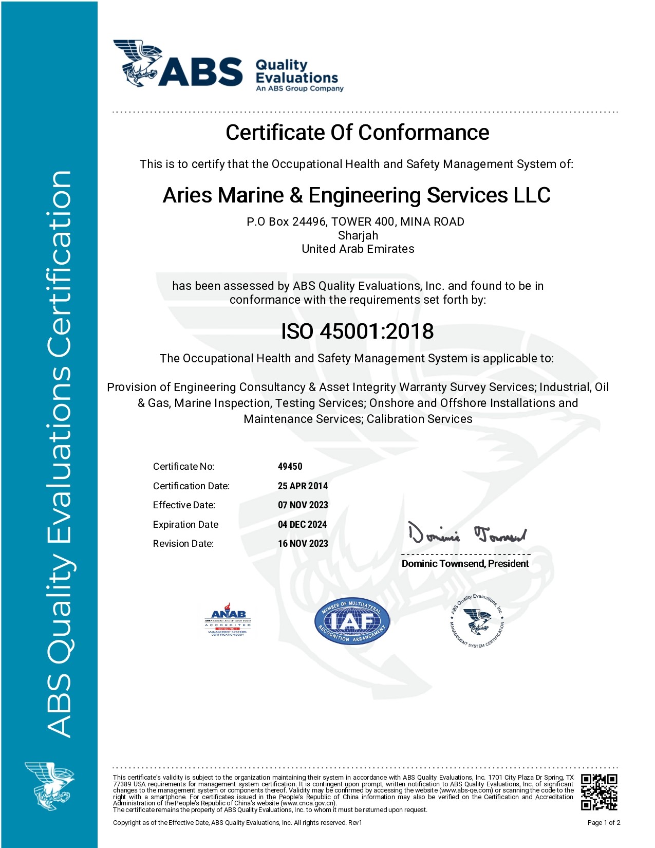 Marine Certificates | ISO | DNV | Approvals – Qatar | ARIES