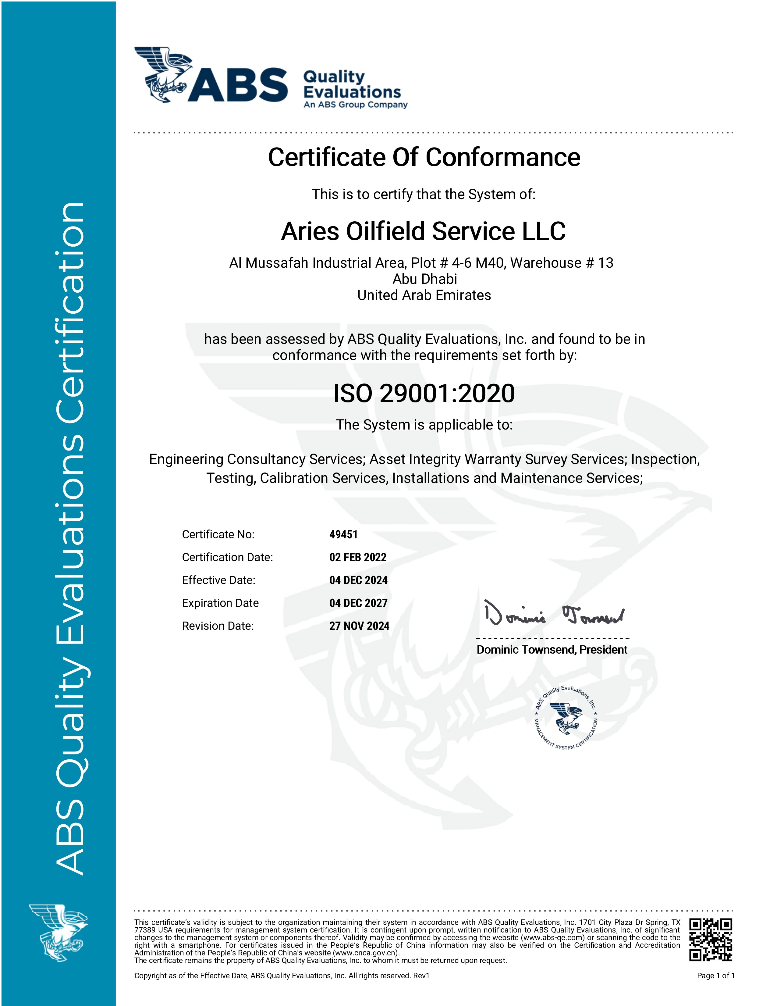 Marine Certificates | ISO | DNV | Approvals – Qatar | ARIES