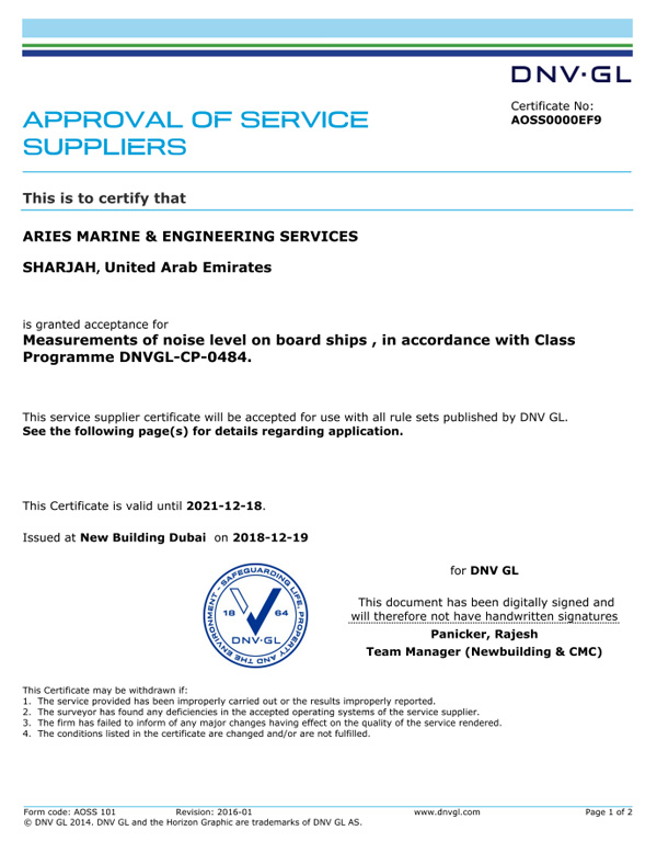 Marine Certificates | ISO | DNV | Approvals - UAE | ARIES